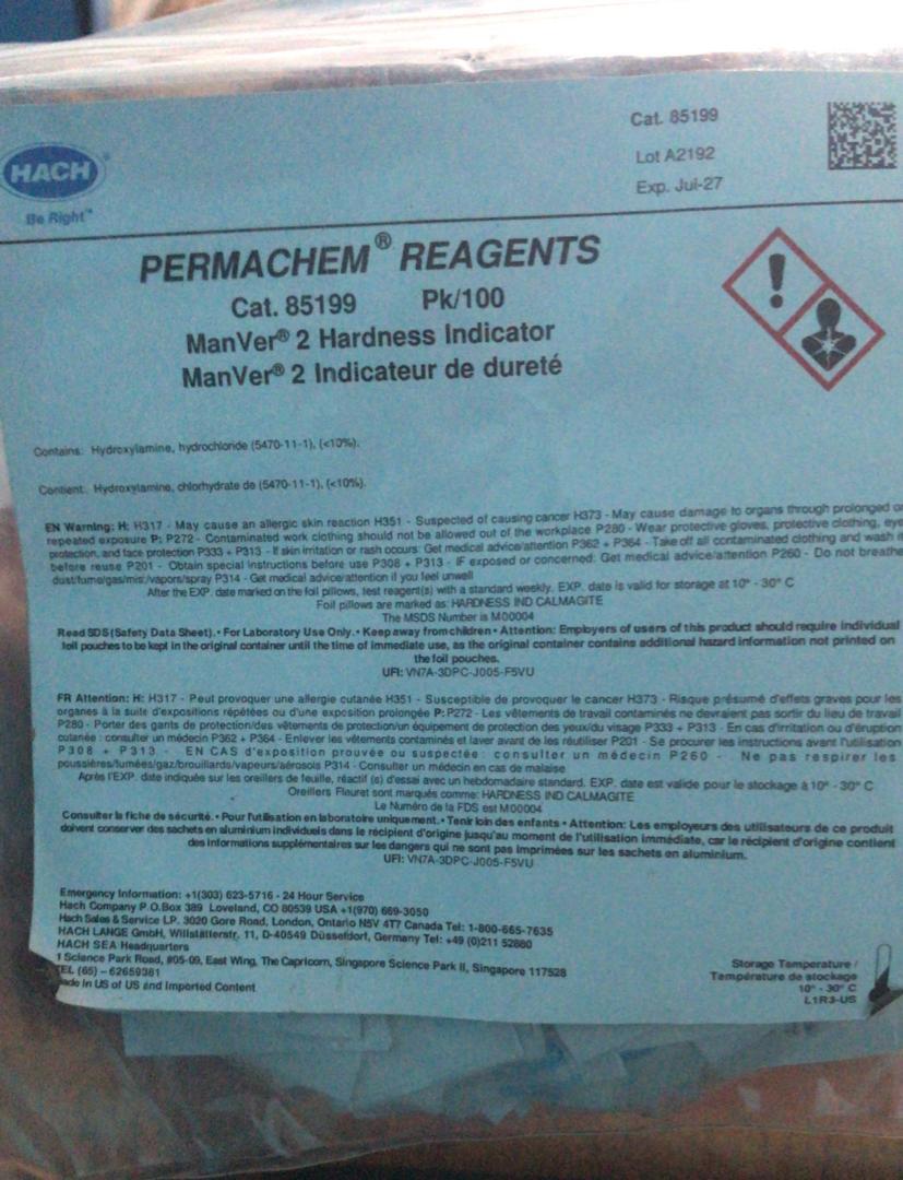 Manver 2 Hardness Indicator Powder Pillows, 50 mL Sample, pk/100 85199